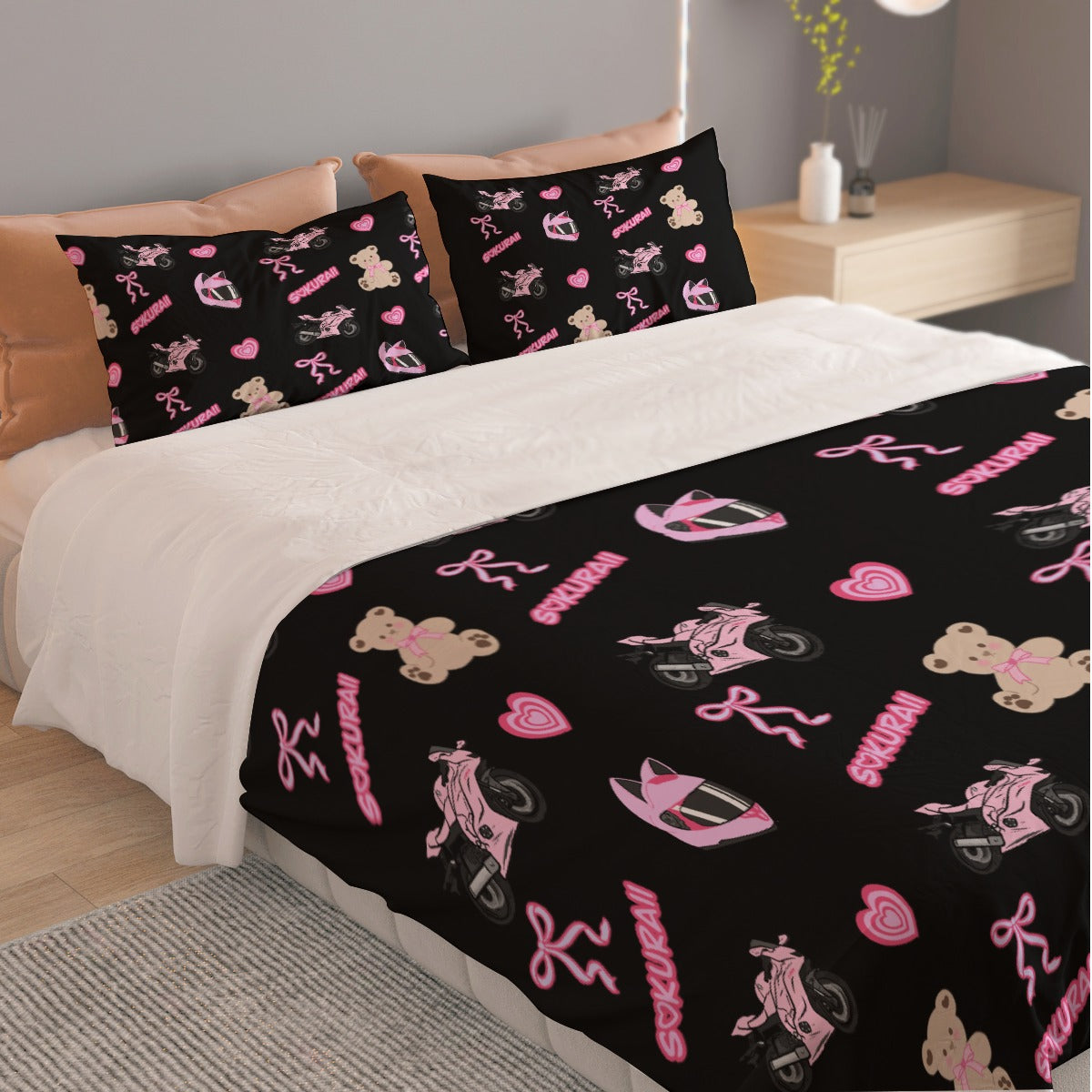 YAMAHA R6 Teddy Bow Three Piece Duvet Cover Bedding Set Black | Sokuraii
